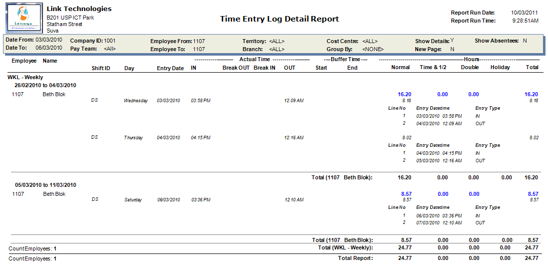 Time Entry Log Report
