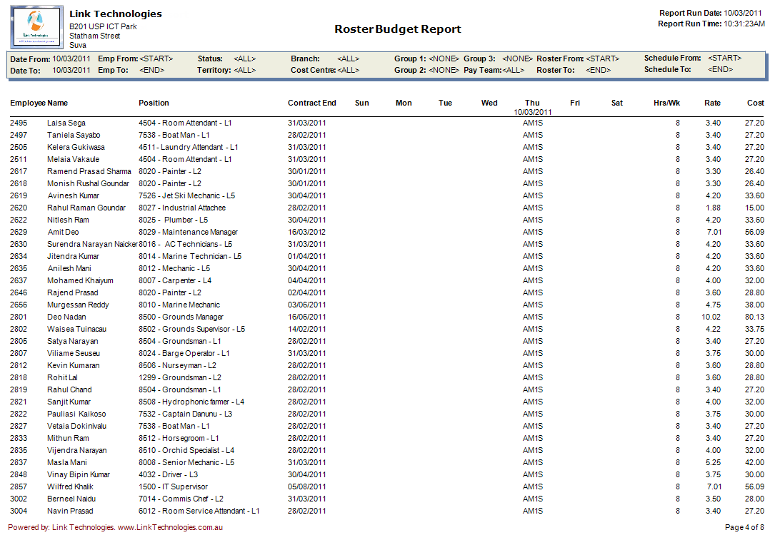 Roster Schedule Report